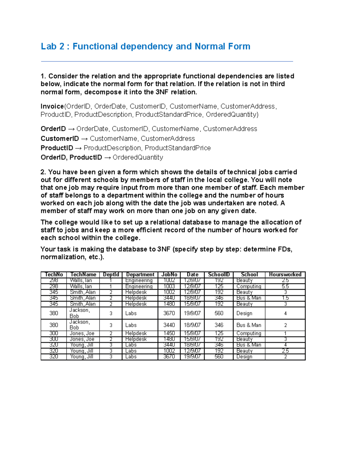 Lab 2: Analyzing Functional Dependency & 3NF Decomposition - Studocu