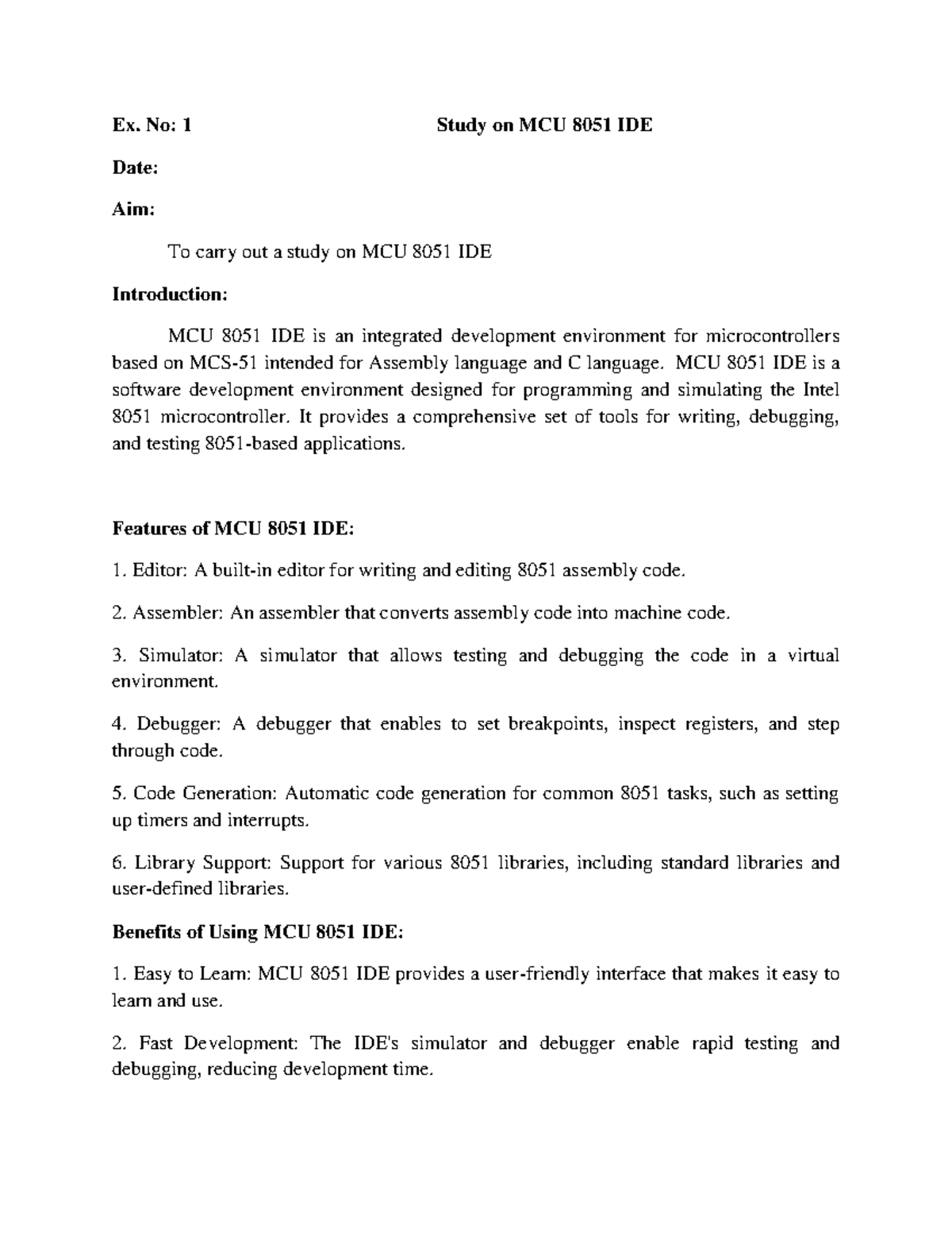 Ex. 1 - Comprehensive Study of MCU 8051 IDE Features and Benefits - Studocu