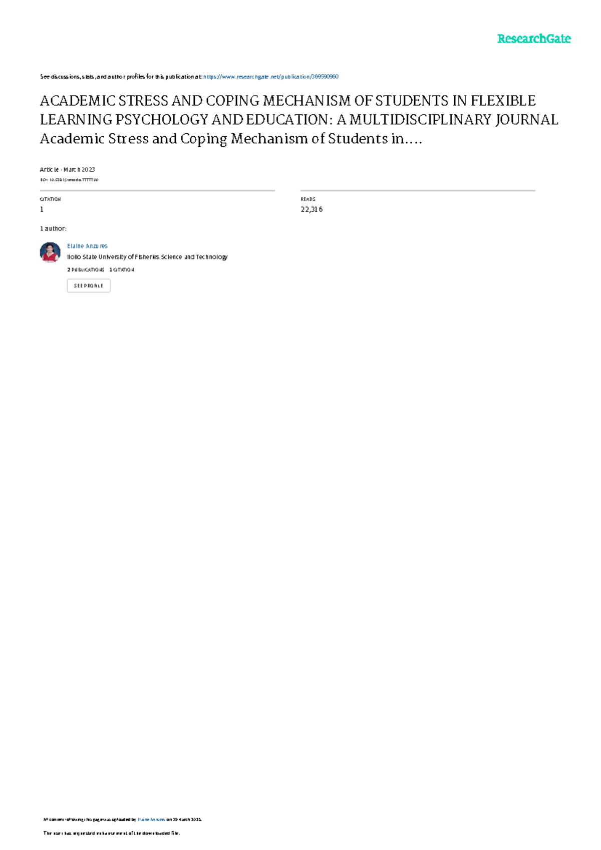 Academic Stress & Coping Mechanisms in Flexible Learning (AY 2020-2021 ...