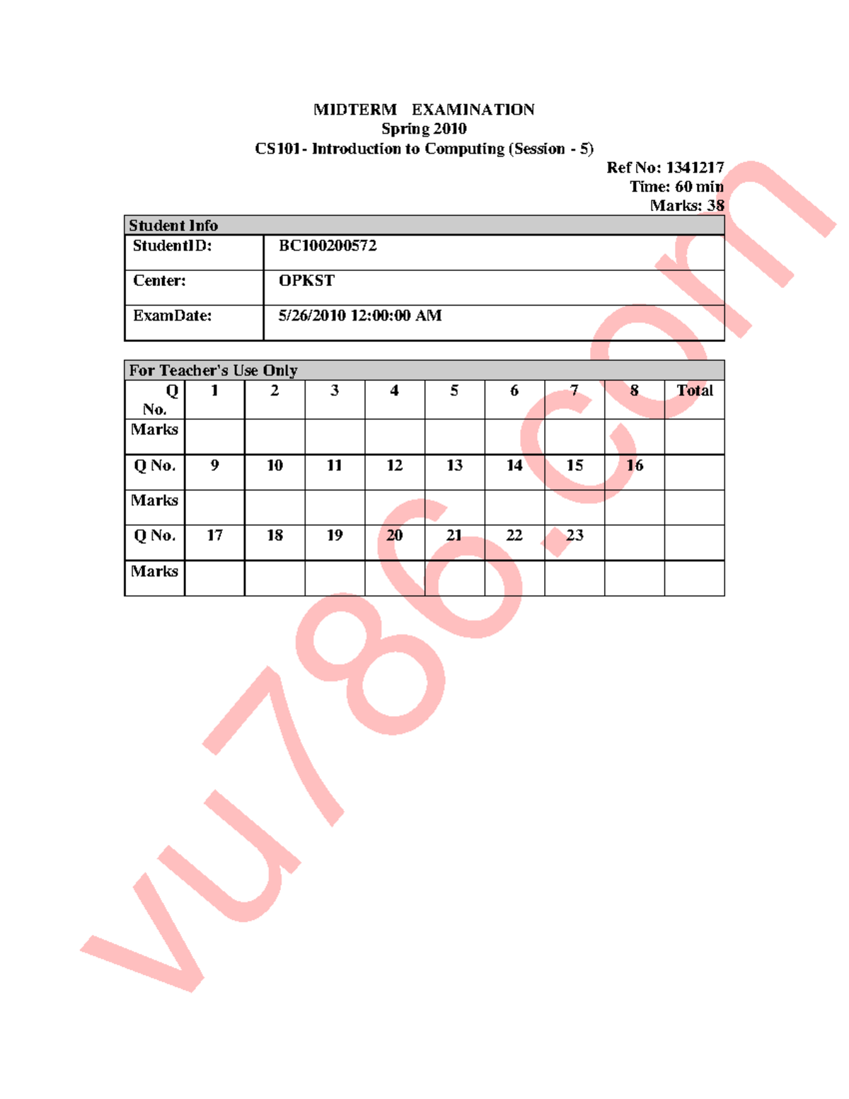 CS101 Midterm Past Papers - Spring 2010 Examination - Studocu