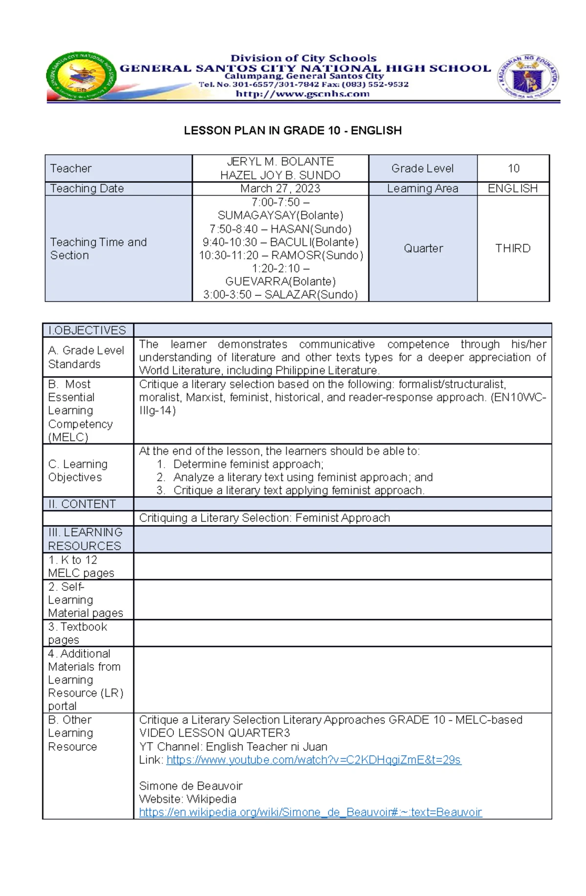 Grade 10 English Lesson Plan: Exploring Literary Criticism - Studocu