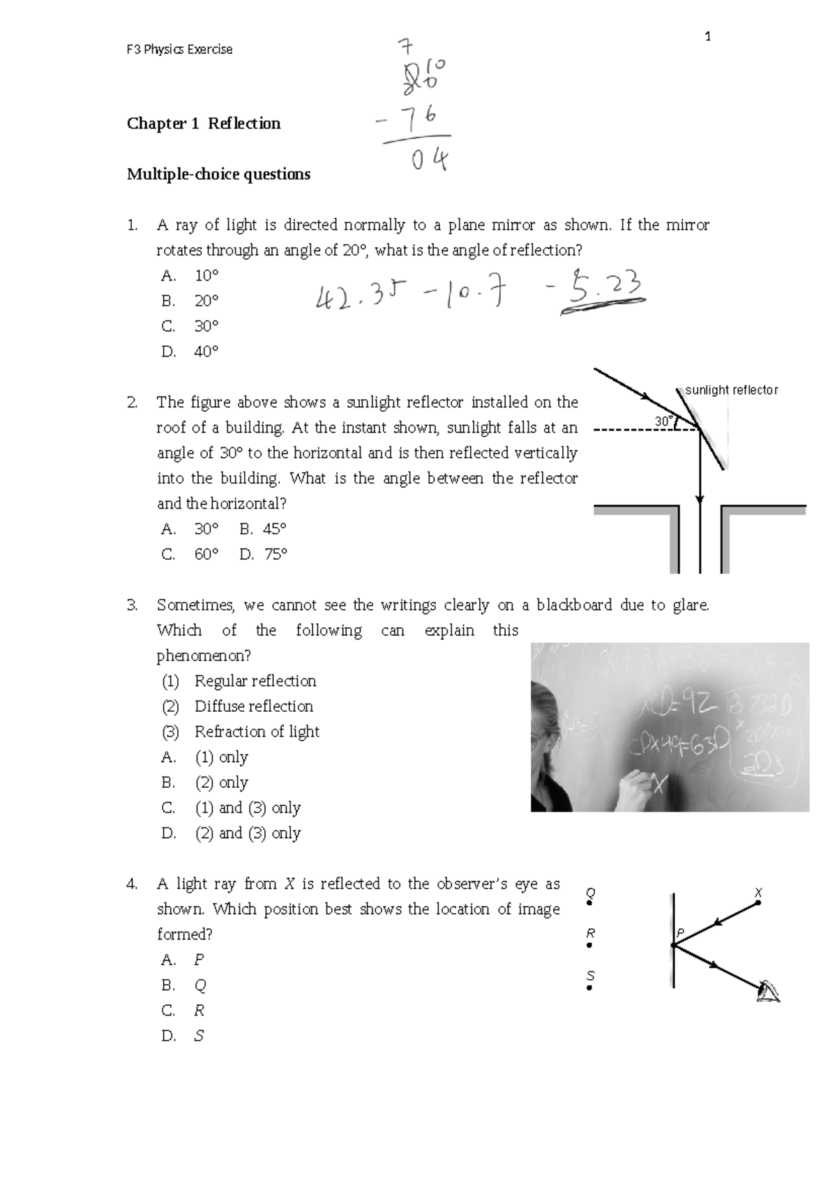 F3 Physics Exercise: Chapter 1 & 2 Reflection and Refraction Questions ...