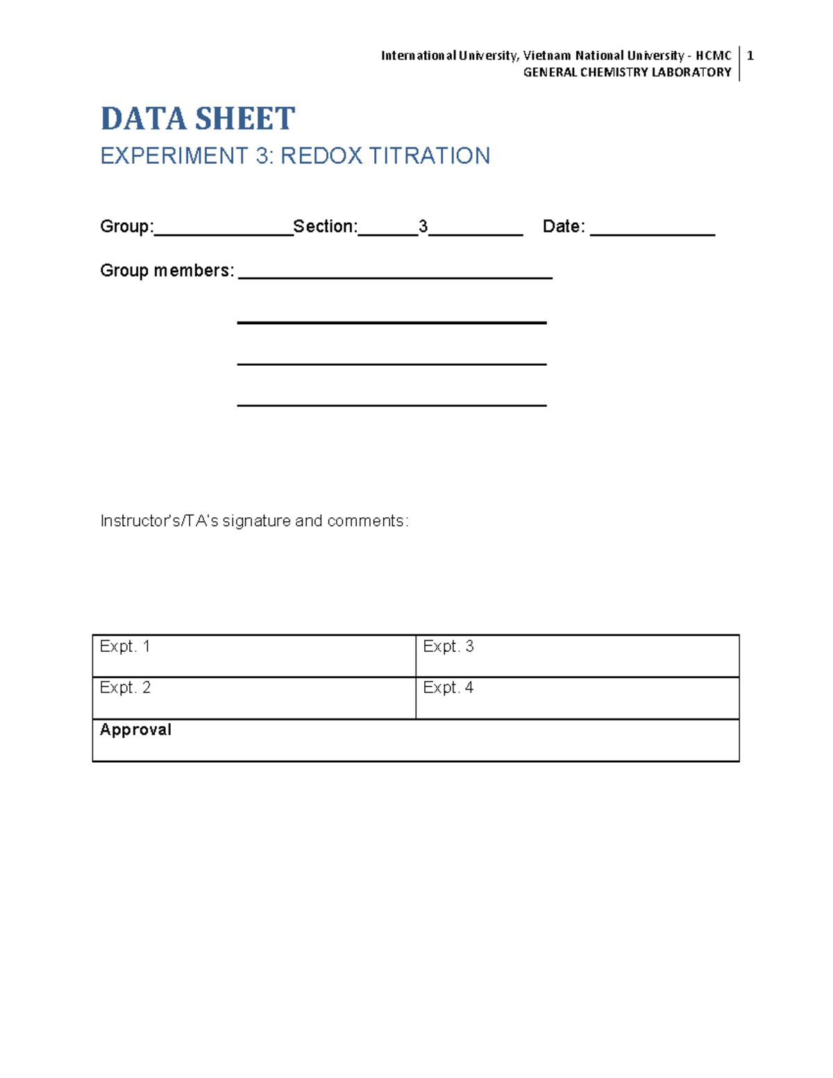 General Chemistry Lab Data Sheet: Redox Titration (Experiment 3) - Studocu