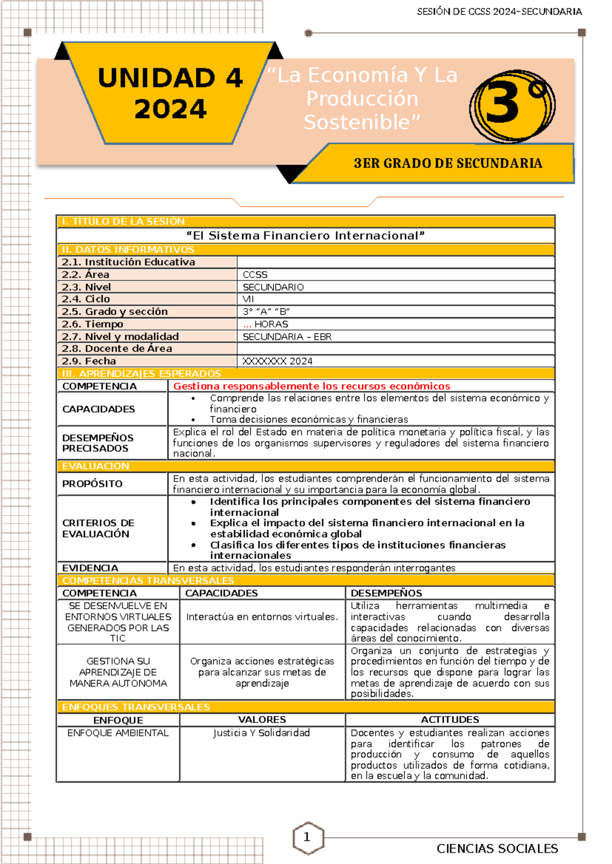 SESIONES DE APRENDIZAJE CCSS UNI 4 - SISTEMA FINANCIERO 3ER GRADO - Studocu