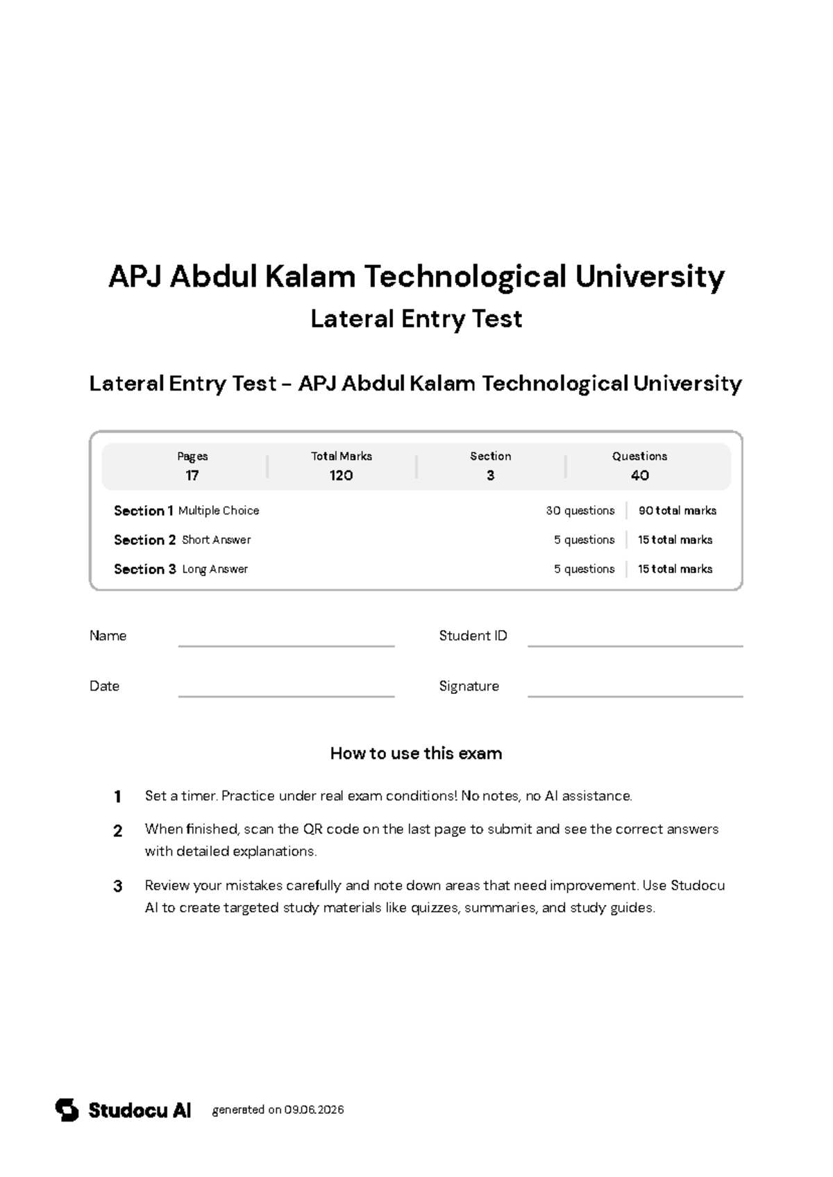 Lateral Entry Test - APJ Abdul Kalam Technological University - Studocu