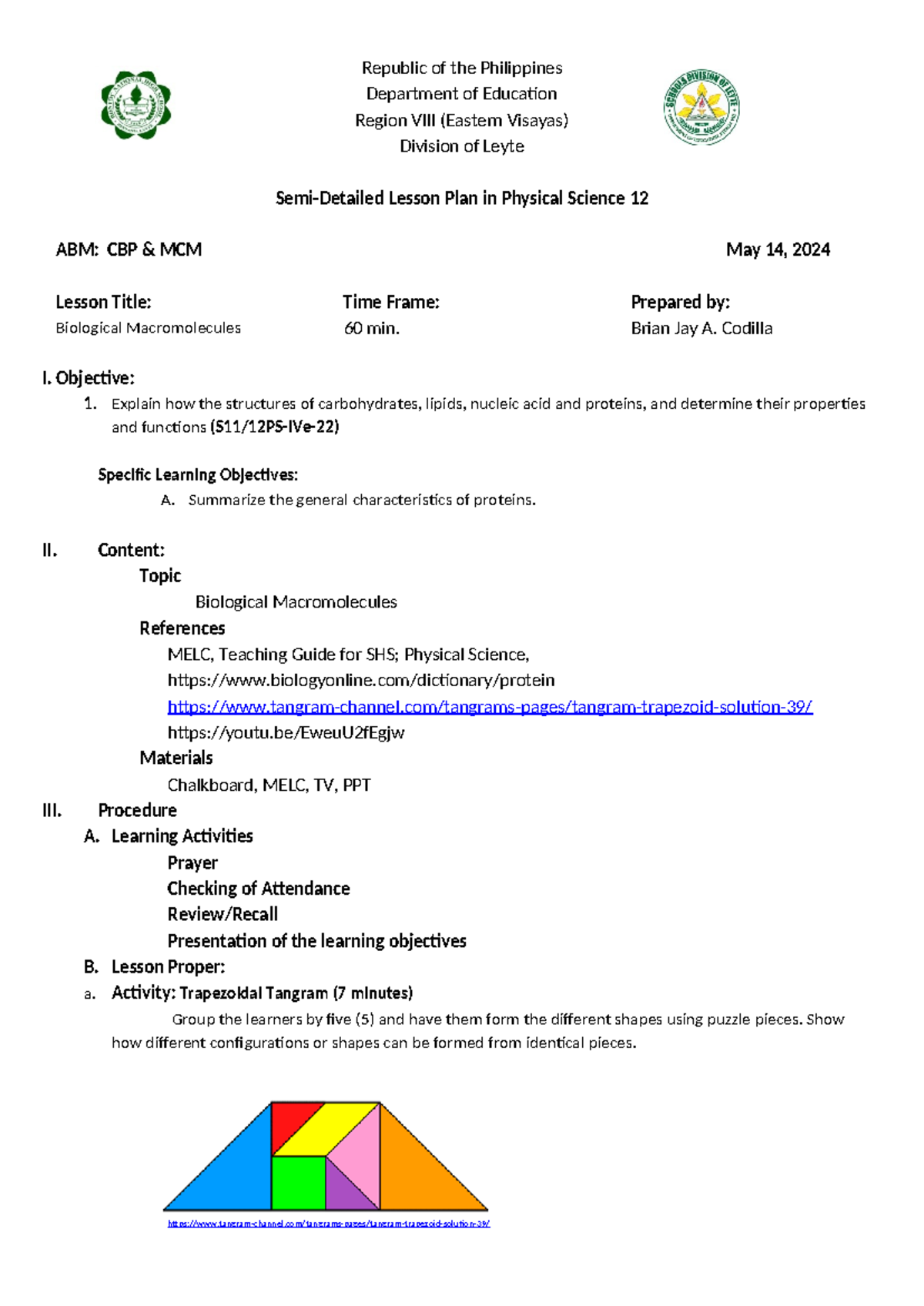 Physical Science 12 ABM: Lesson Plan on Biological Macromolecules - Studocu
