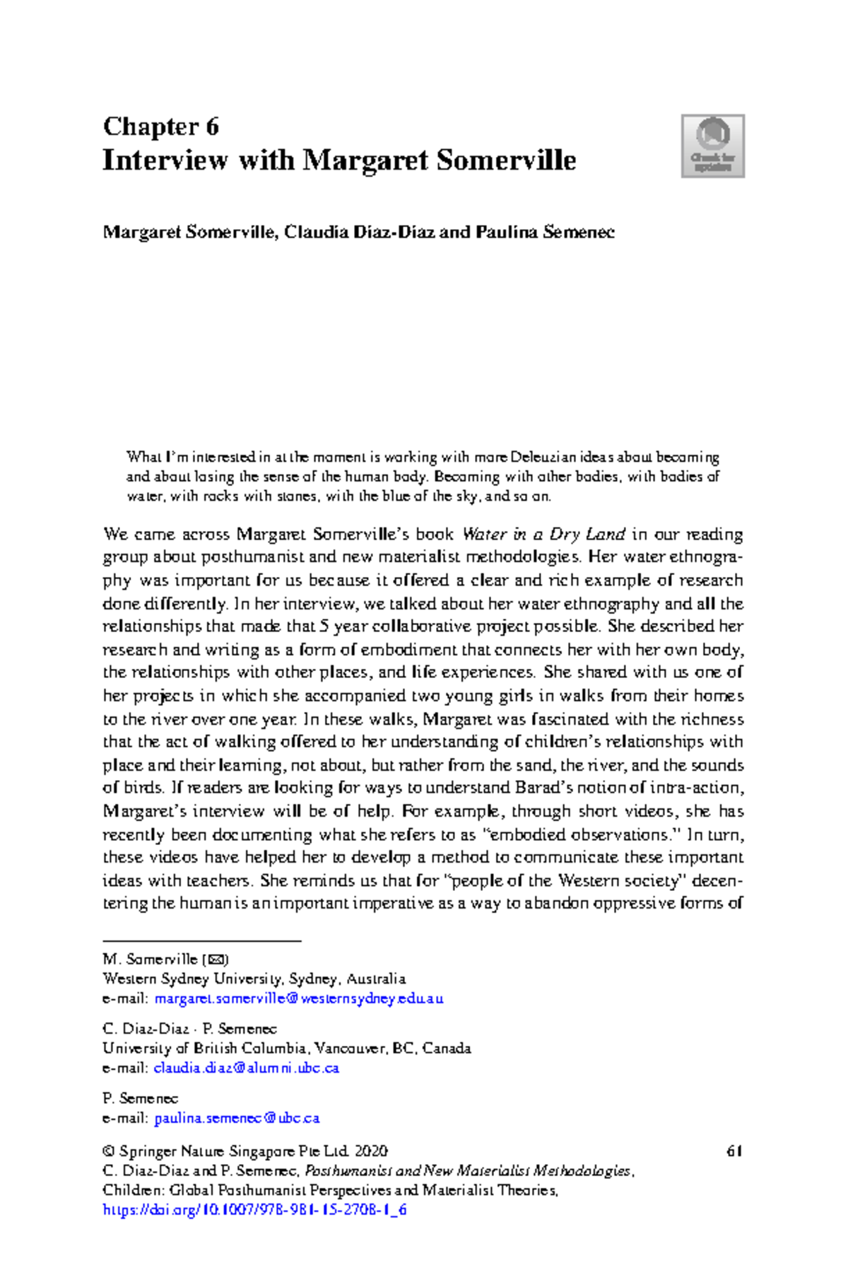 Chapter 6: Interview with Margaret Somerville on Water Ethnography and - Studocu