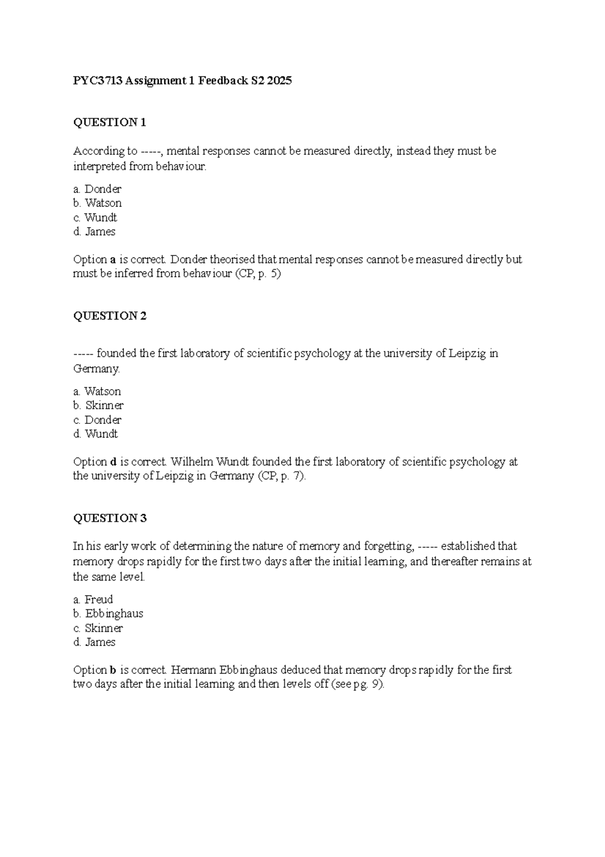 PYC3713 Assignment 1 Feedback: Key Concepts in Psychology - Studocu