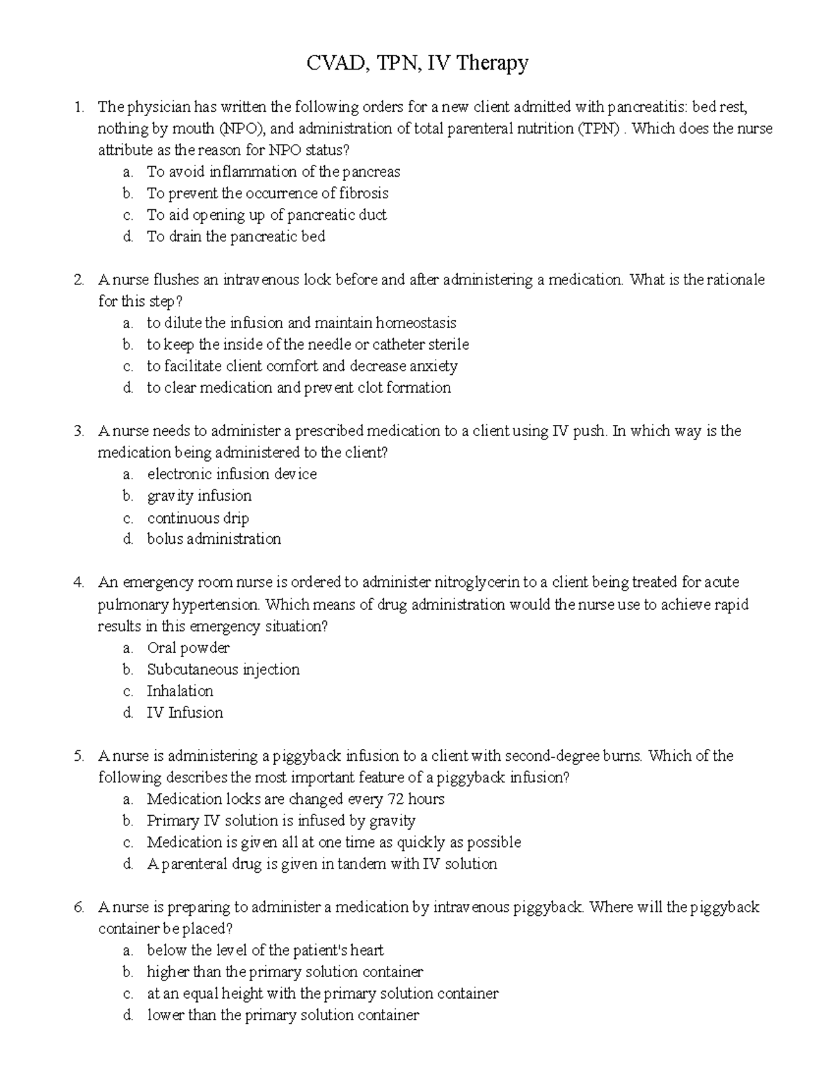 CVAD, TPN, IV Therapy - Practice Test for Central Venous Access and ...