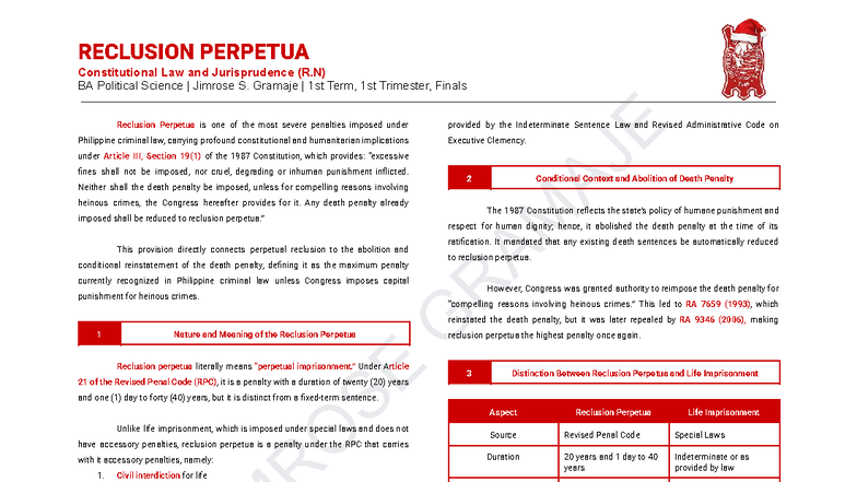Reclusion Perpetua: Constitutional Law Insights (R.N) BA Political ...