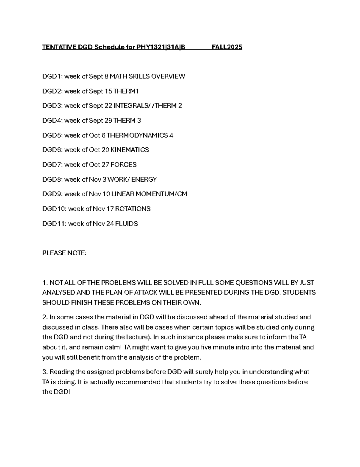 DGD Schedule for PHY1321: Fall 2025 Overview and Topics - Studocu