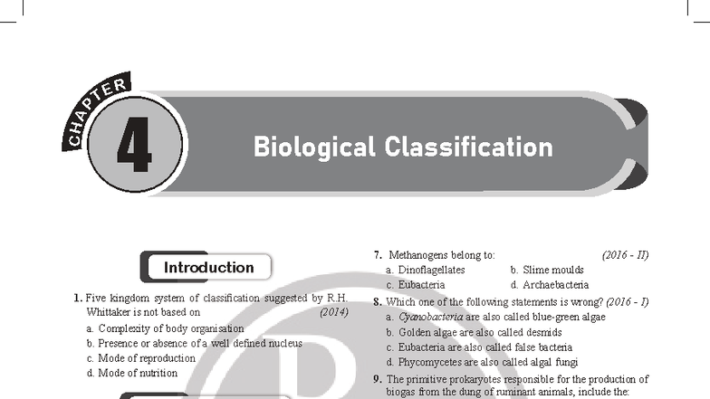 Biological Classification: PYQs for Botany (P CHA TE R 4) - Studocu