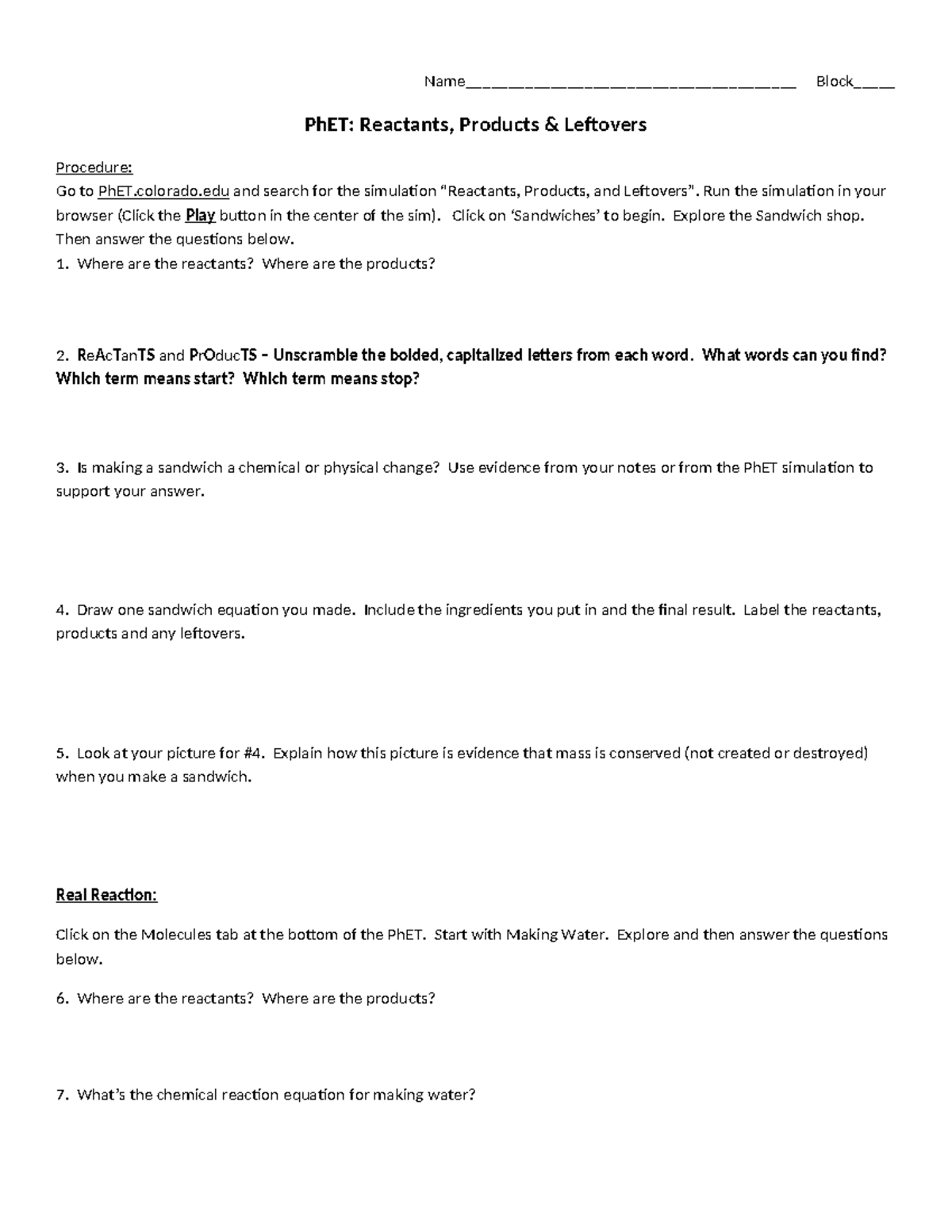 PhET Simulation: Reactants, Products & Leftovers Lab Activity - Studocu