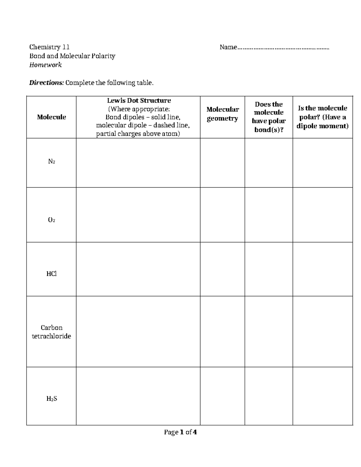 Chemistry 11: Bond Polarity Homework Assignment - Studocu