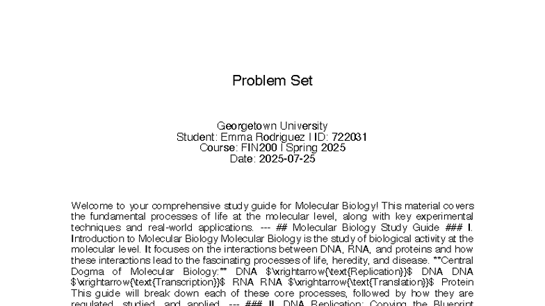 Molecular Biology Study Guide for FIN200 - Spring 2025 - Studocu