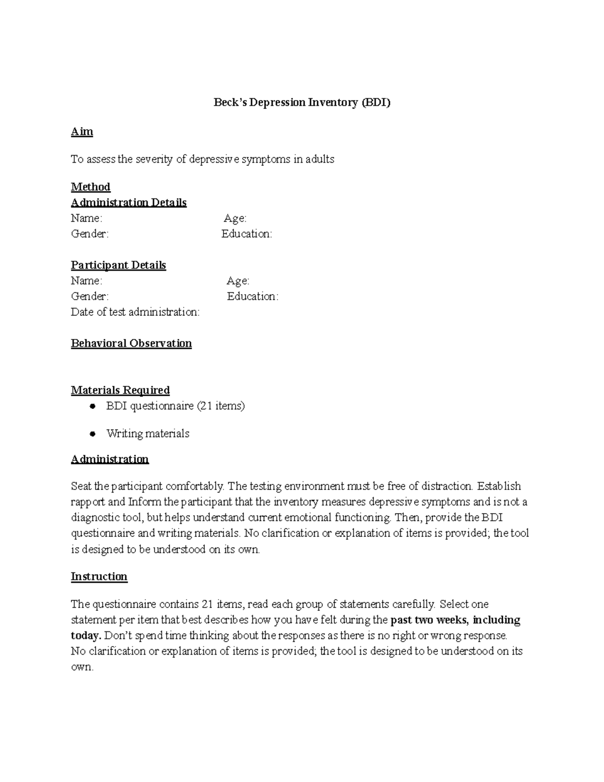 Beck Depression Inventory (BDI) - Comprehensive Assessment Notes - Studocu