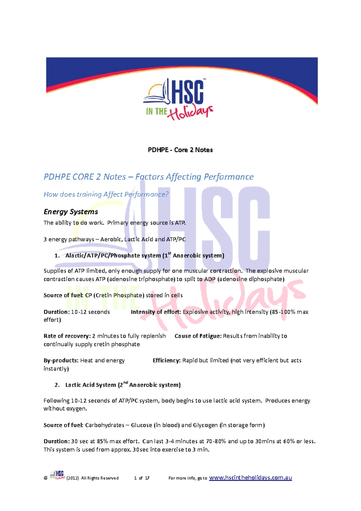 PDHPE Core 2 Notes: Factors Influencing Performance and Training - Studocu