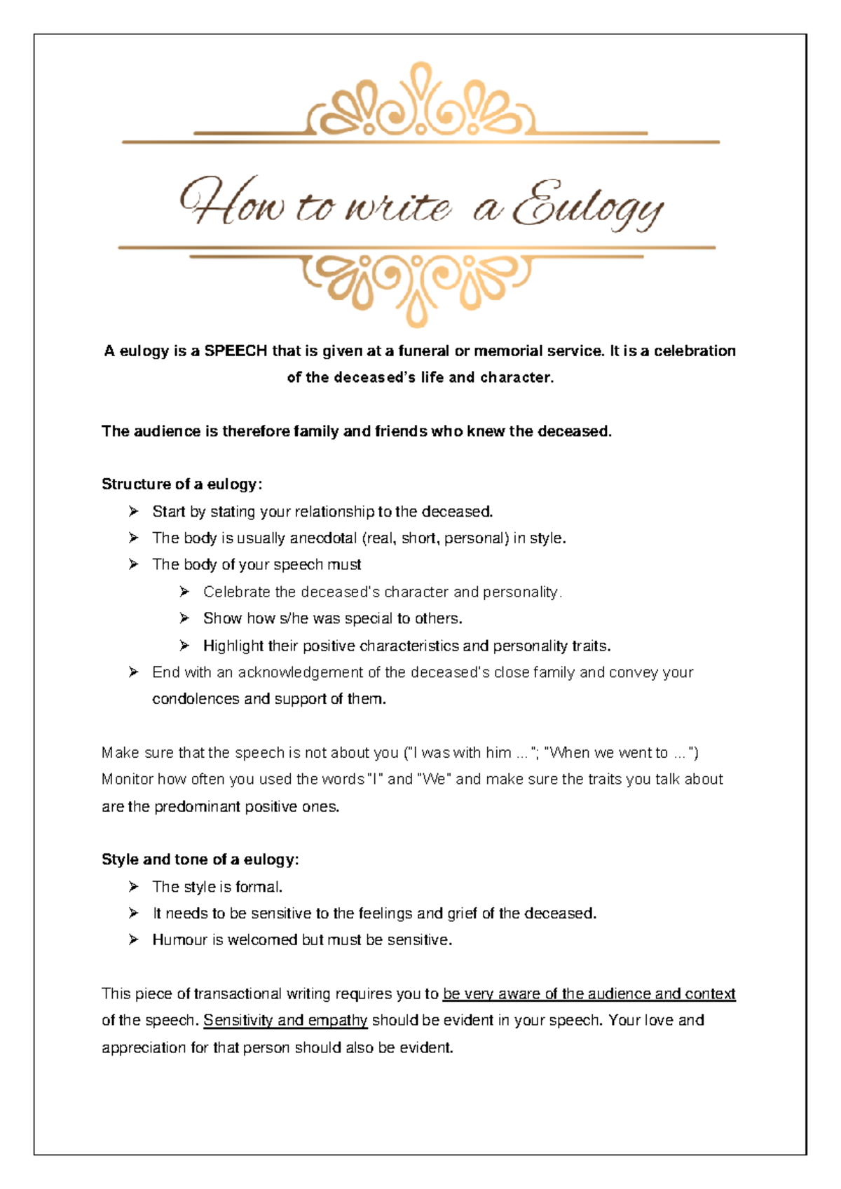 Eulogy Writing Guide: Tips for Grade 11 Students - Studocu