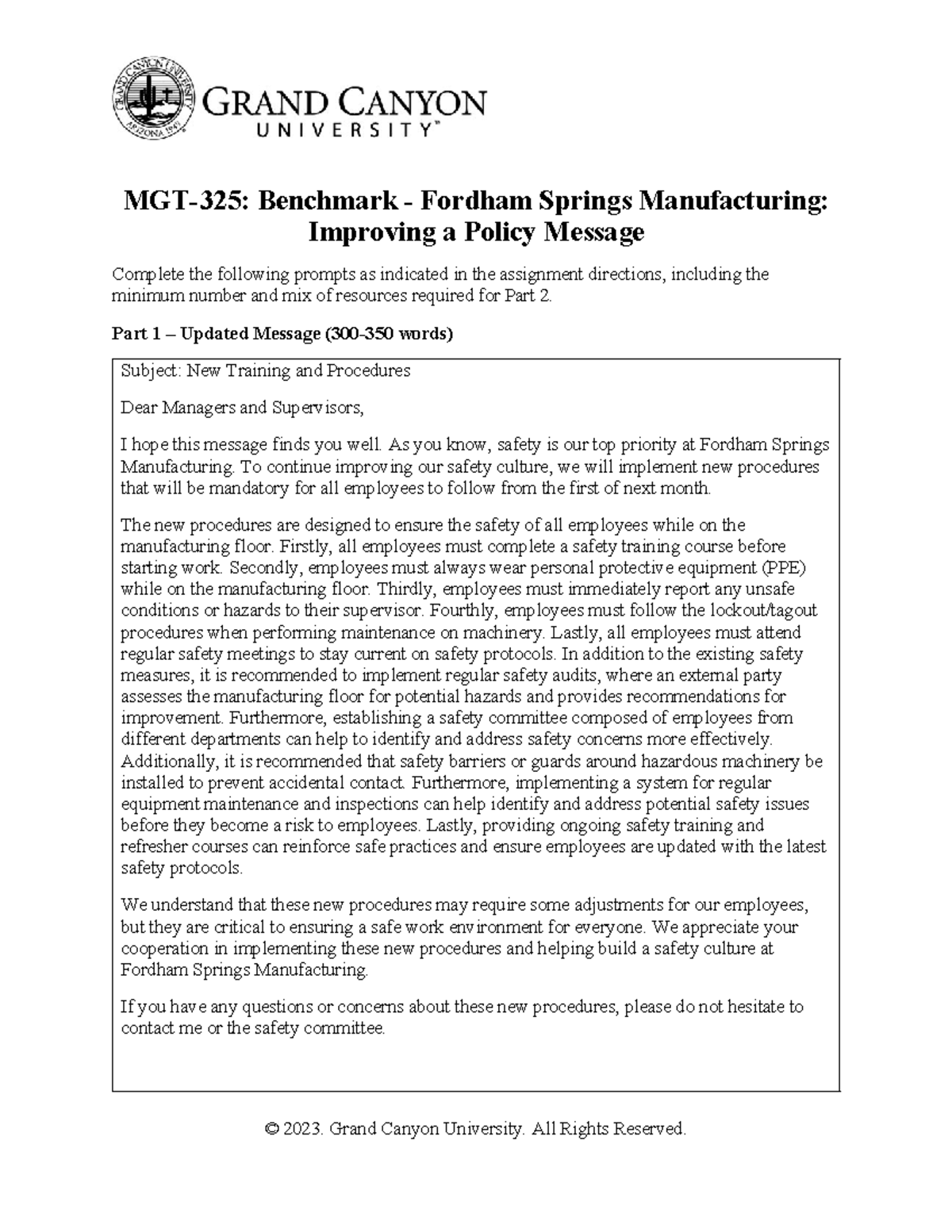 MGT-325: Benchmark - Enhancing Safety Procedures at Fordham Springs ...