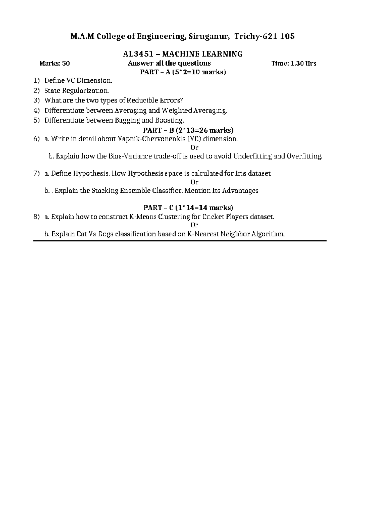 AL3451 - Machine Learning CIA-2 Question Paper Analysis - Studocu