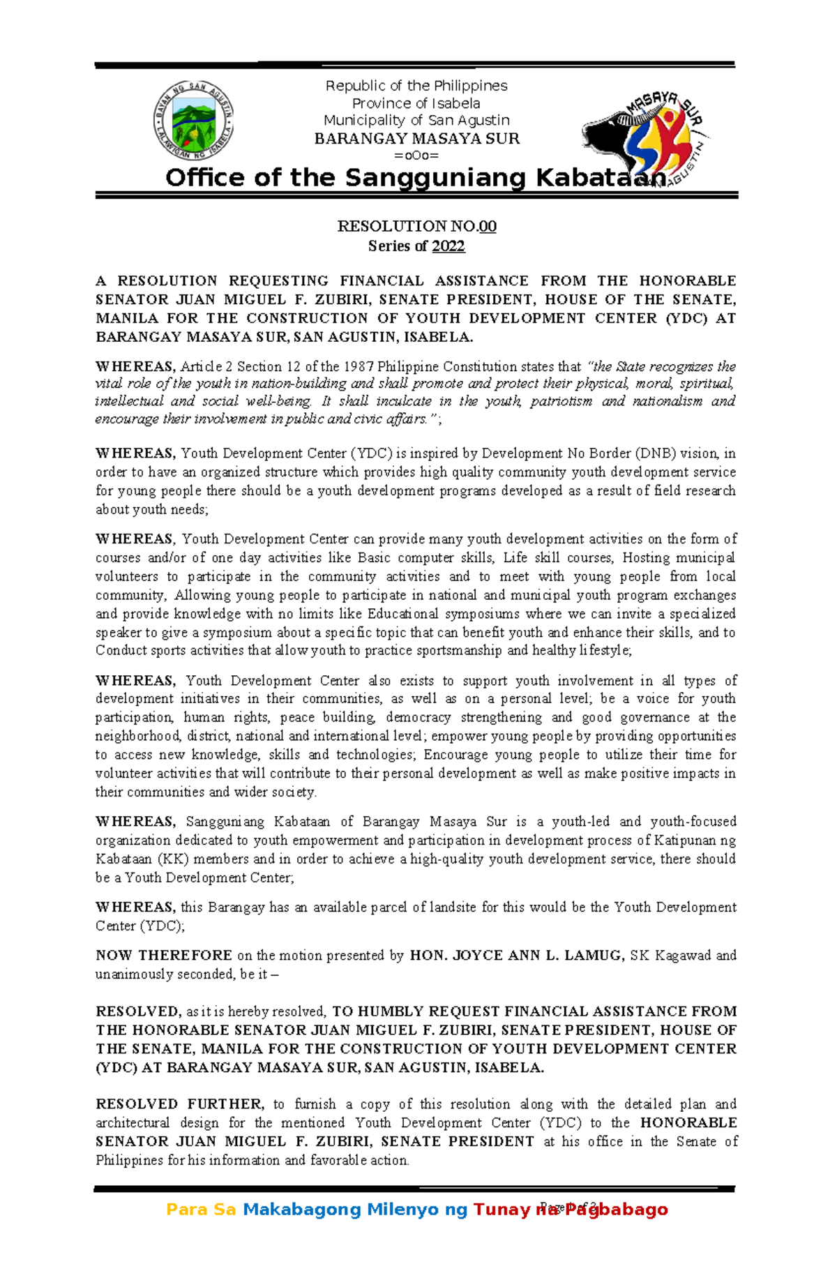 YDC Resolution No. 00 - Request for Financial Assistance for ...