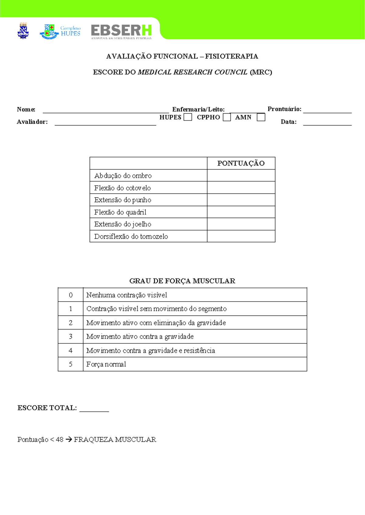 MRC - Escala MRC - AVALIAÇÃO FUNCIONAL – FISIOTERAPIA ESCORE DO MEDICAL ...