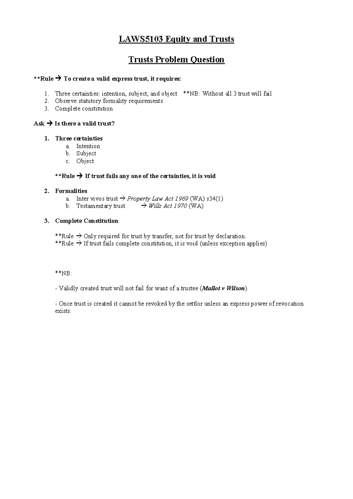 LAWS5103 Final Exam Notes on Equity and Trusts: Problem Question ...