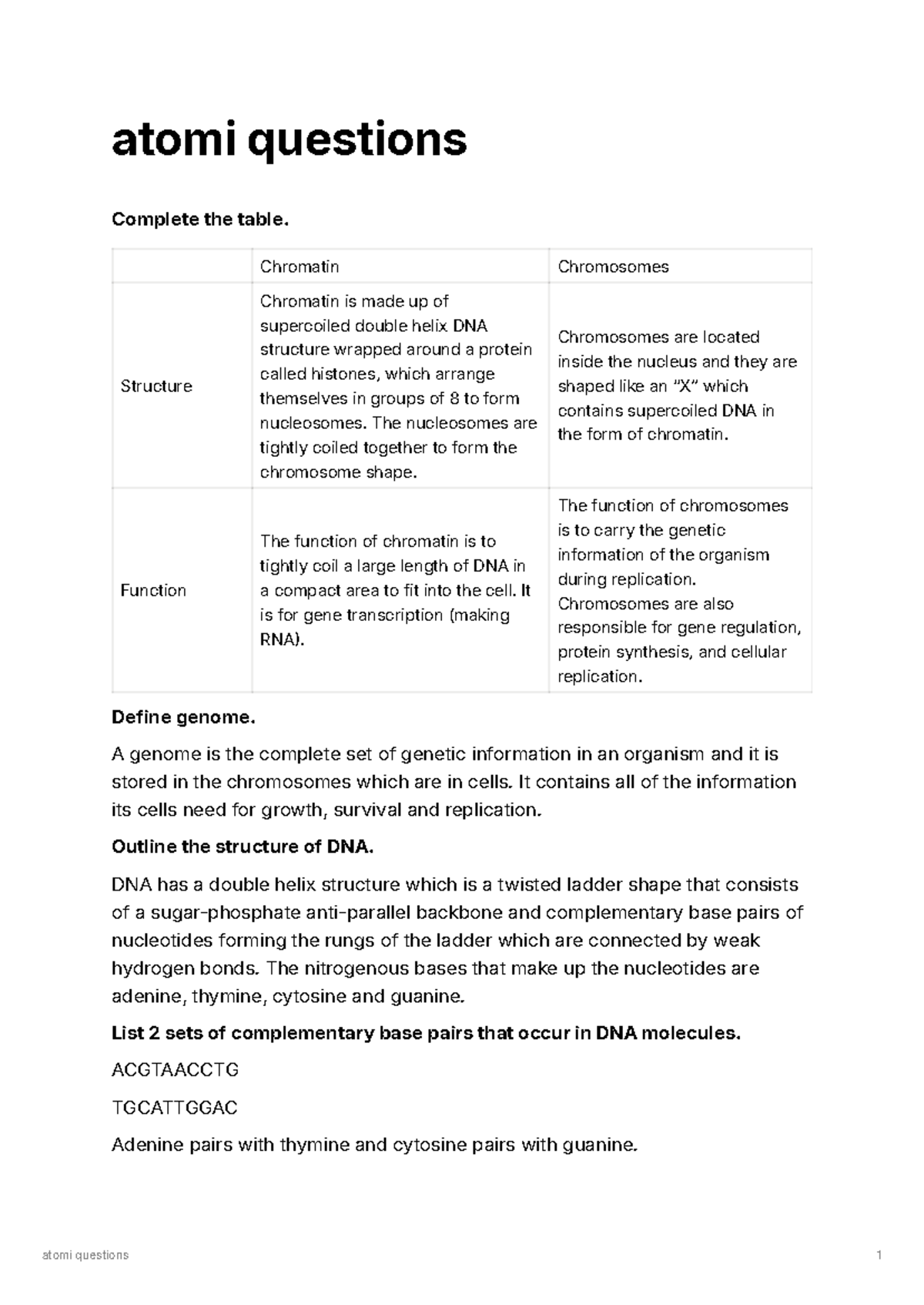 Biology Atomi Questions: Structure & Function of DNA and Chromatin ...