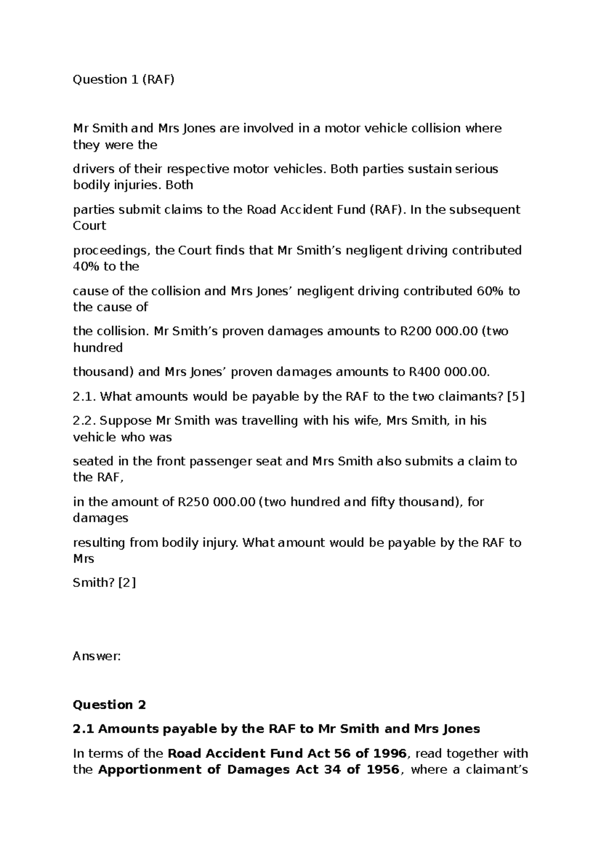 RAF Claims Analysis: Motor Vehicle Collision Case Study - Studocu