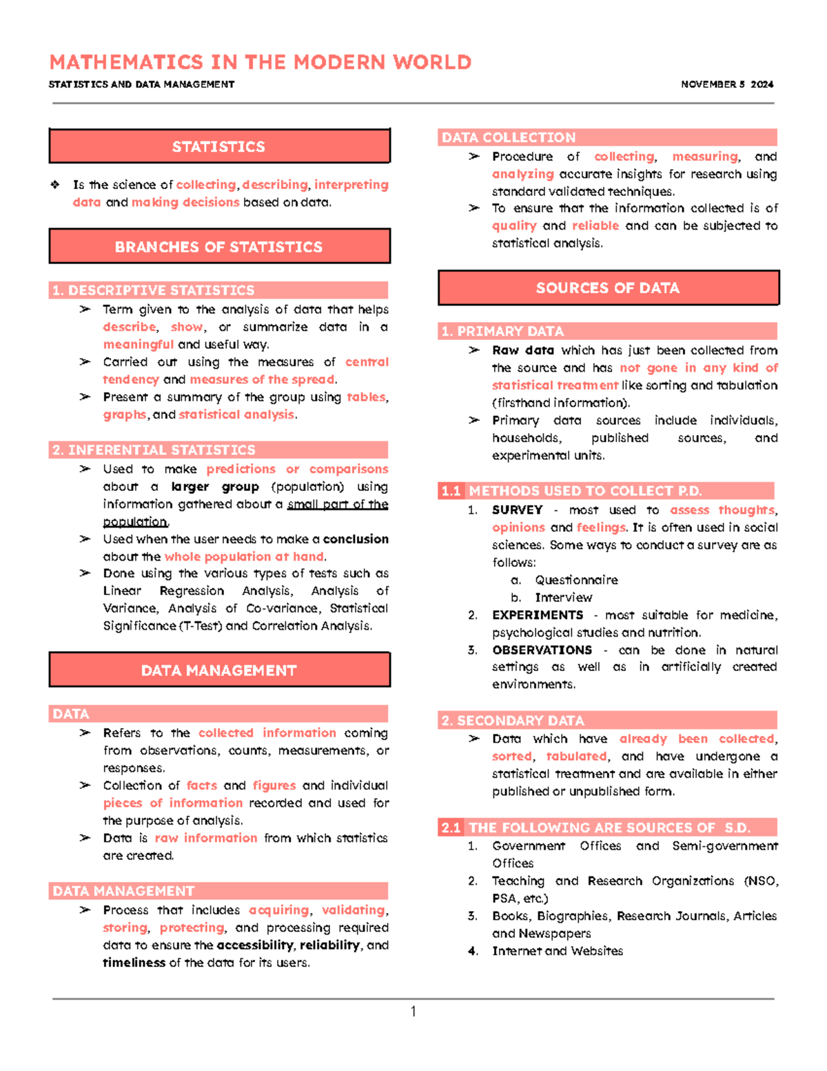 MATHEMATICS IN THE MODERN WORLD: STATISTICS & DATA MANAGEMENT NOTES ...