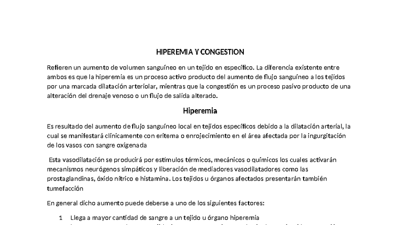 Hiperemia y Congestión: Diferencias y Clasificación en Fisiología - Studocu