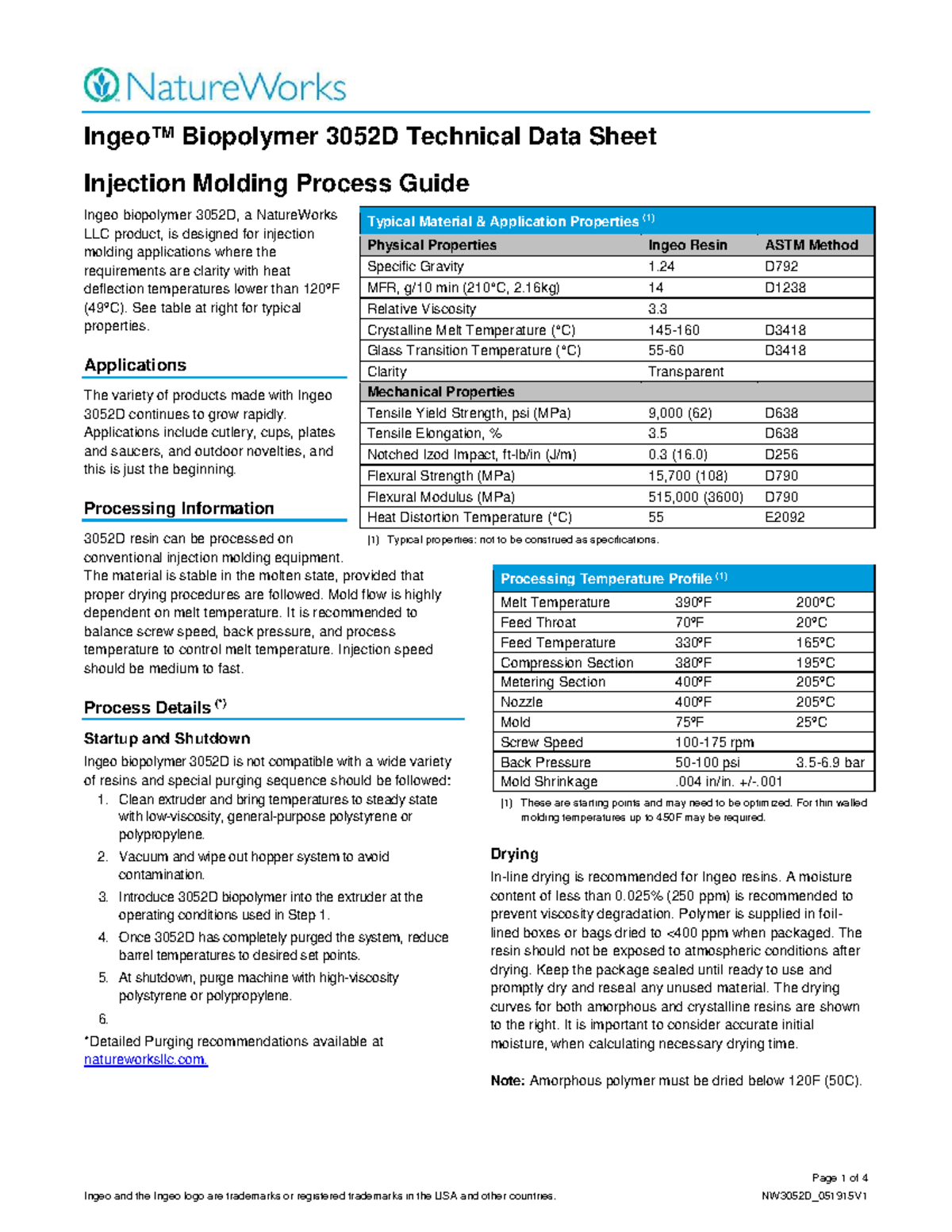 Ingeo 3052D Technical Data Sheet: Injection Molding Guide - Studeersnel