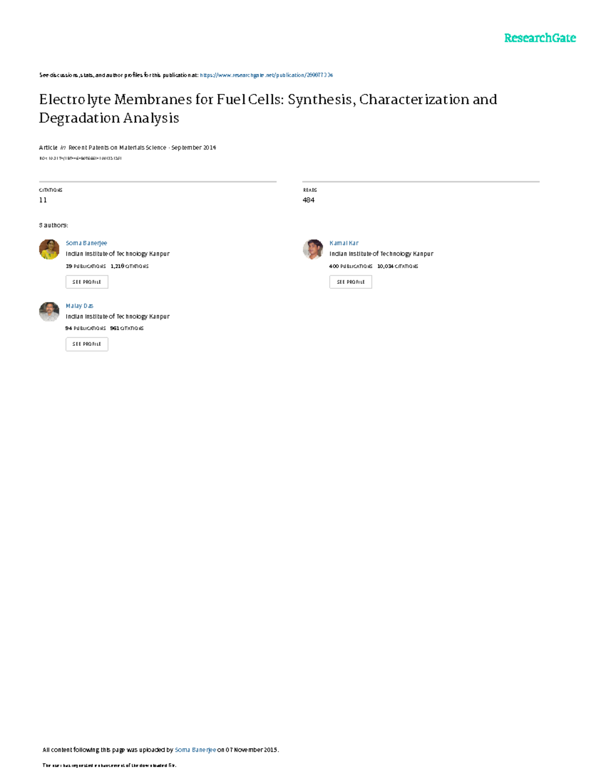 Electrolyte Membranes for Fuel Cells: Synthesis & Characterization ...