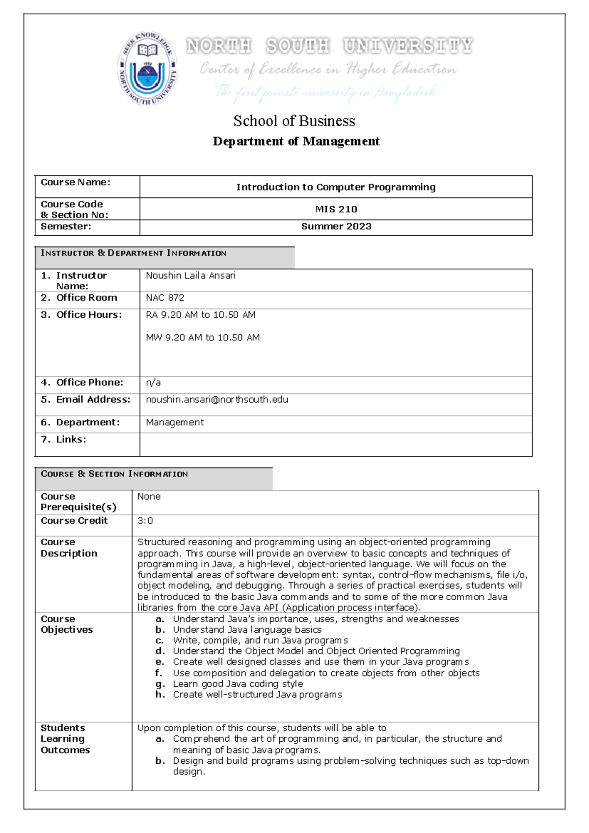 MIS210 Summer 2023 Course Outline: Intro to Computer Programming - Studocu