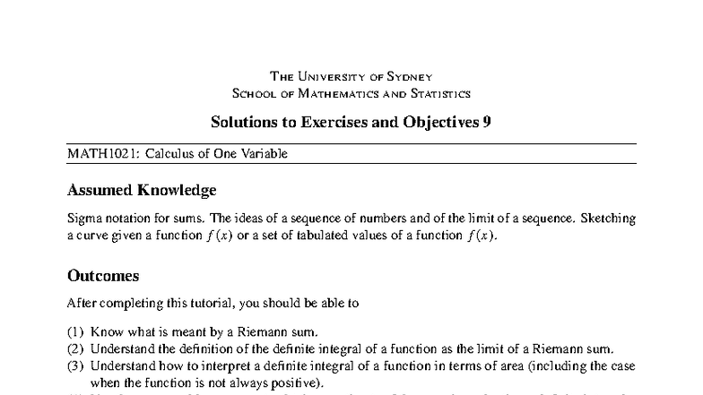 Math1021 Calculus Of One Variable Exercise Solutions And Objectives