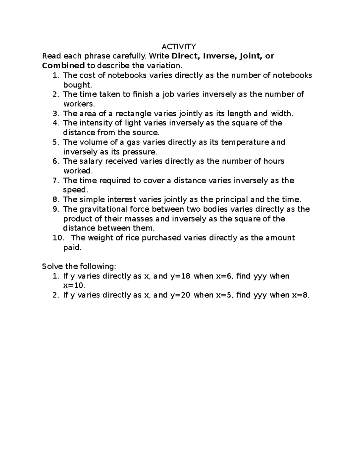 Activity: Variation Types - Direct, Inverse, Joint, Combined - Studocu