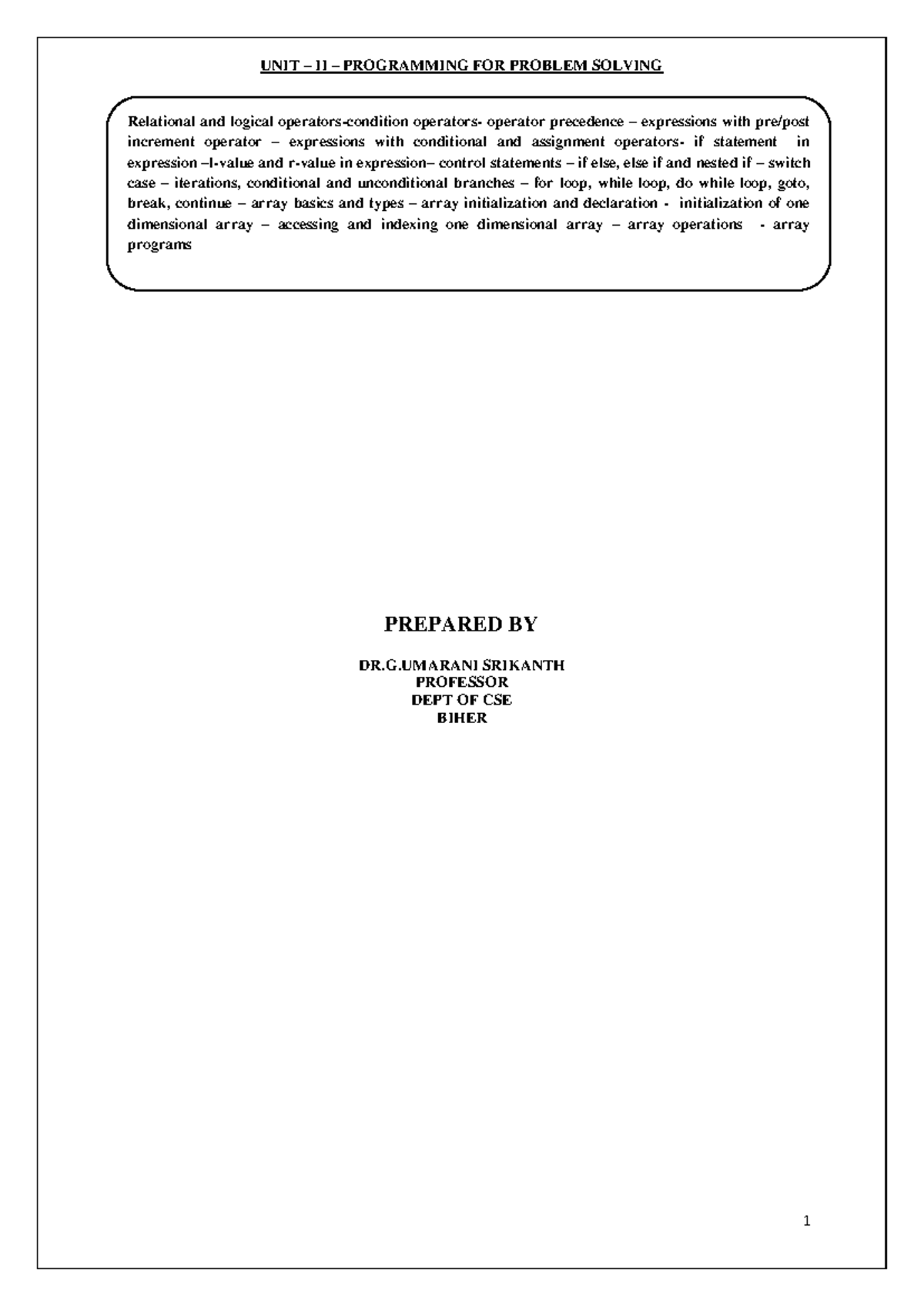 PPS C Programming UNIT 2 Notes: Operators, Control Statements & Arrays ...