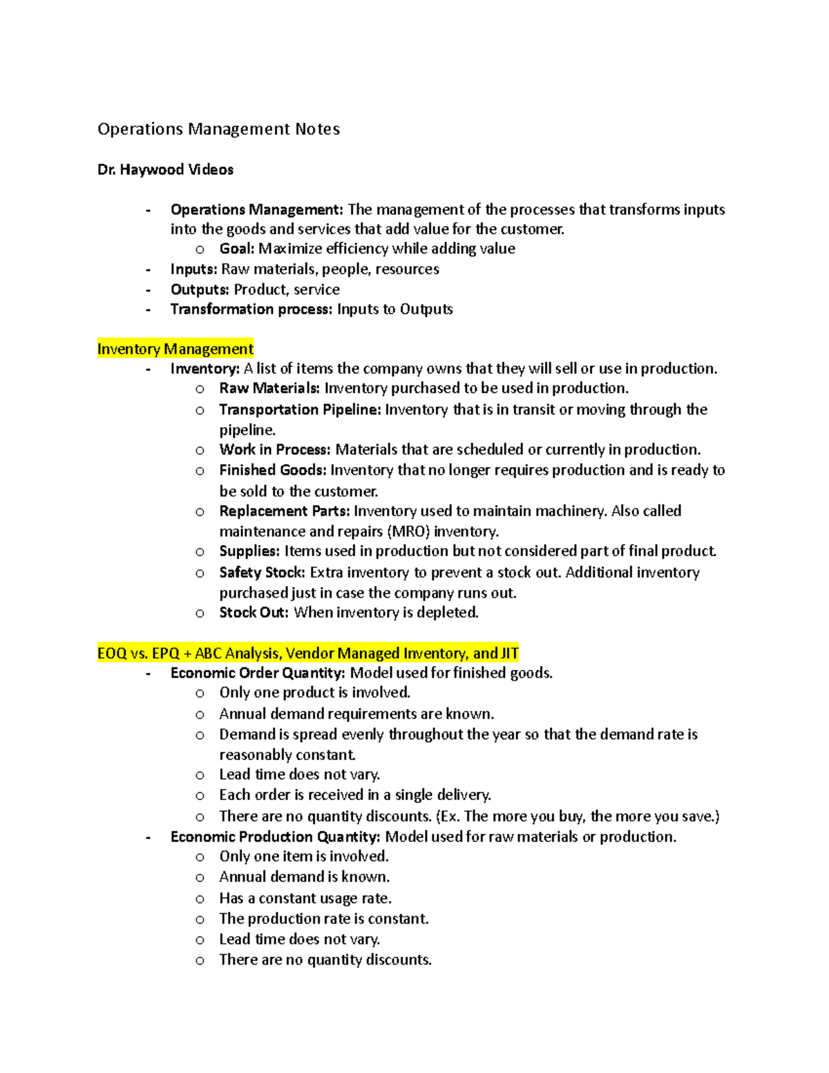 Operations Management Notes by Dr. Haywood from YouTube Videos - Studocu