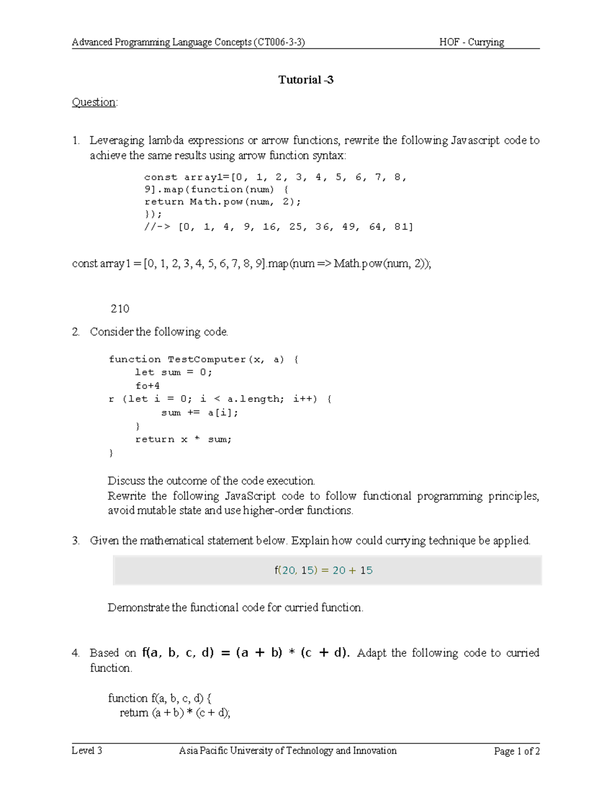Advanced Programming Concepts HOF Currying Tutorial - Level 3 - Studocu