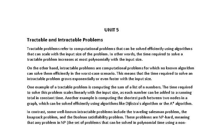 CS3401 ALG UNIT 5: Tractable vs Intractable Problems Explained - Studocu