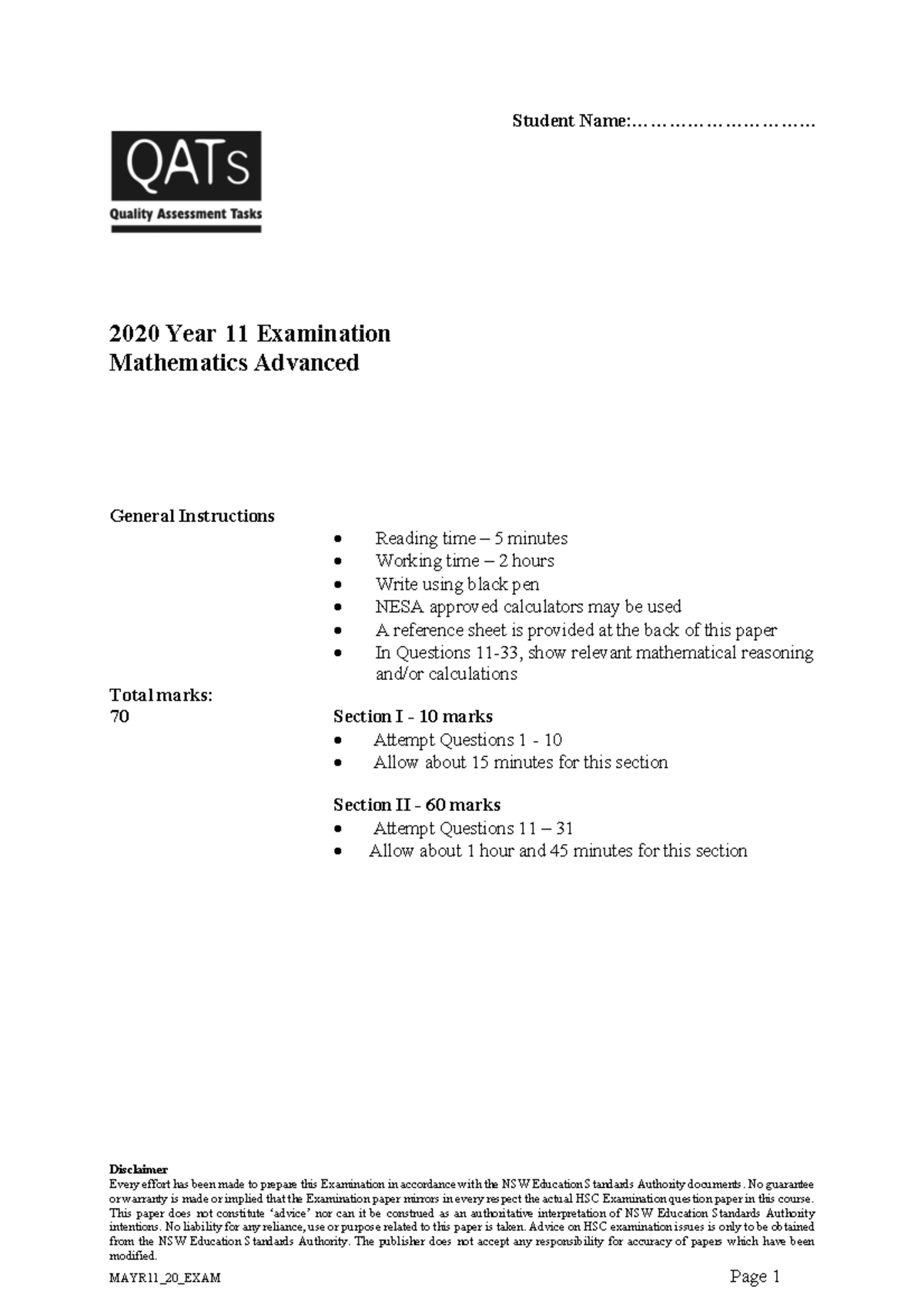 2020 Year 11 Mathematics Advanced Exam Practice Workbook - Studocu