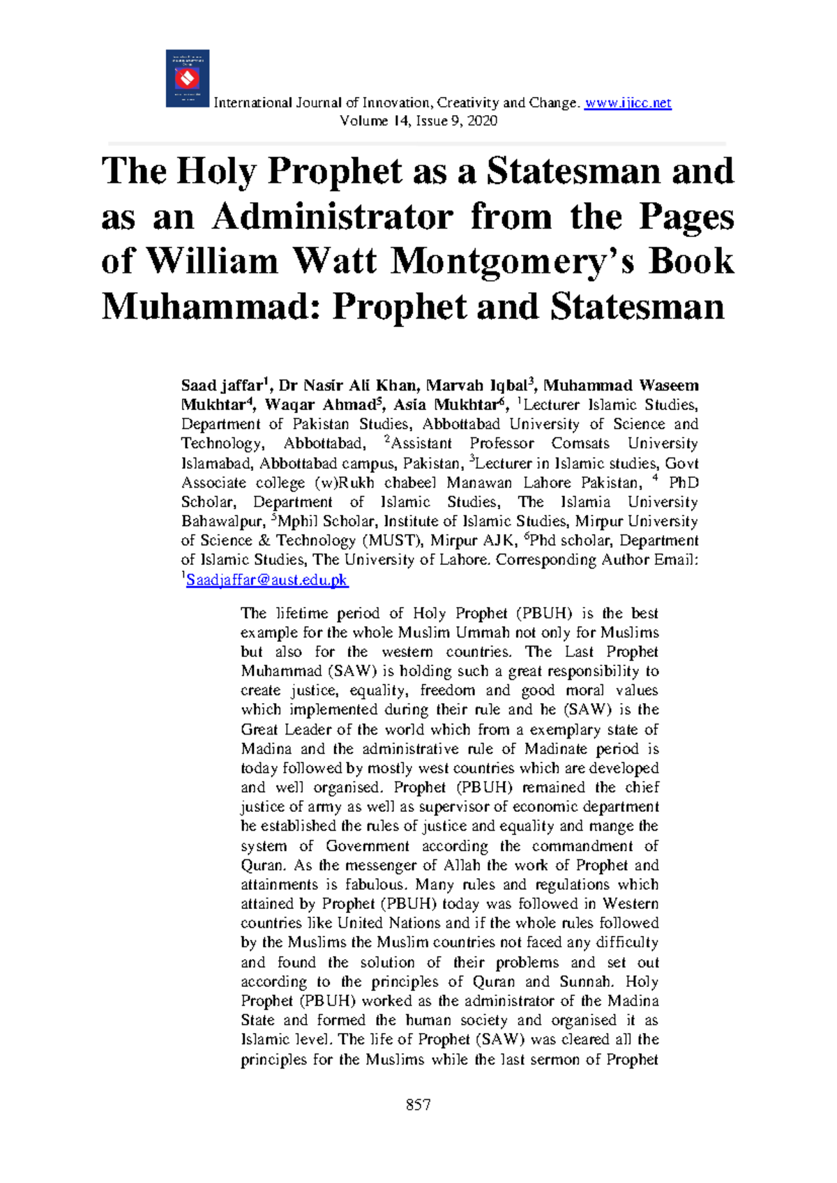 Holy prophet as ad aadministartor and statsman - Volume 1 4 , Issue 9 ...