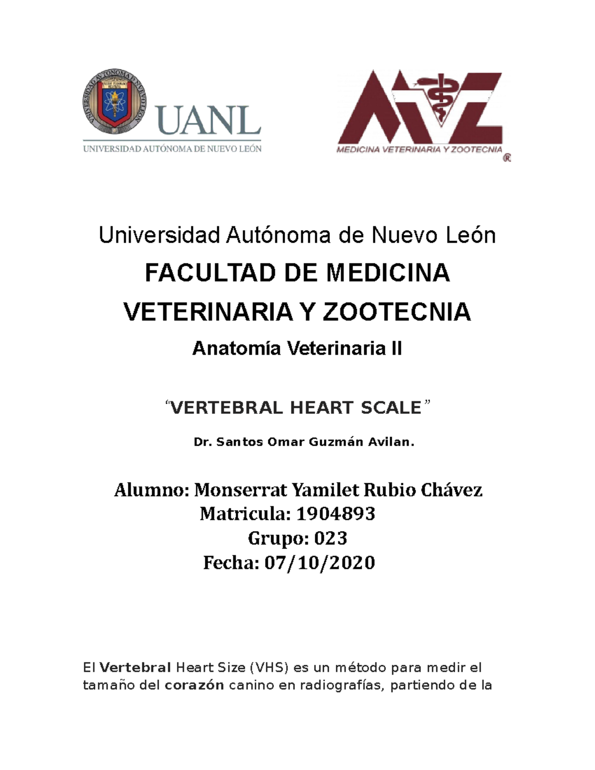 Vertebral Heart Scale - Universidad Autónoma de Nuevo León FACULTAD DE ...