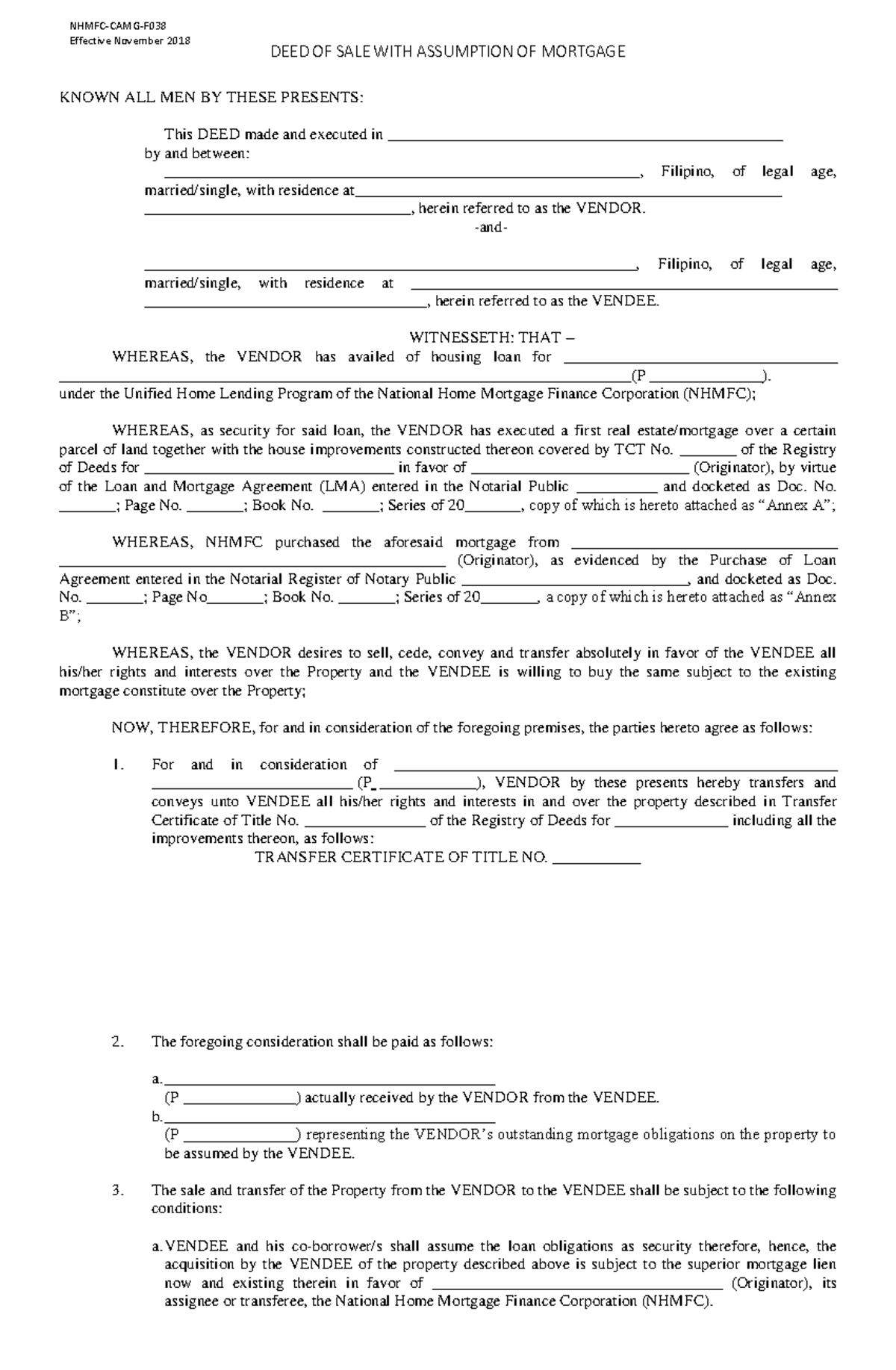 Deed of Sale with Assumption of Mortgage - NHMFC-CAMG-F (Nov 2018 ...