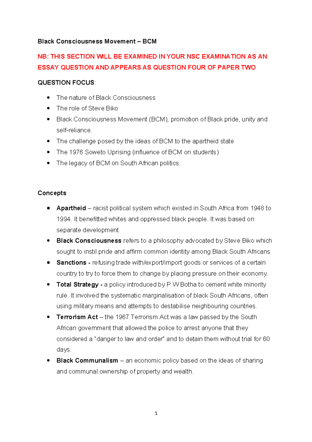 BCM 101: Black Consciousness Movement history study notes for NSC exam ...