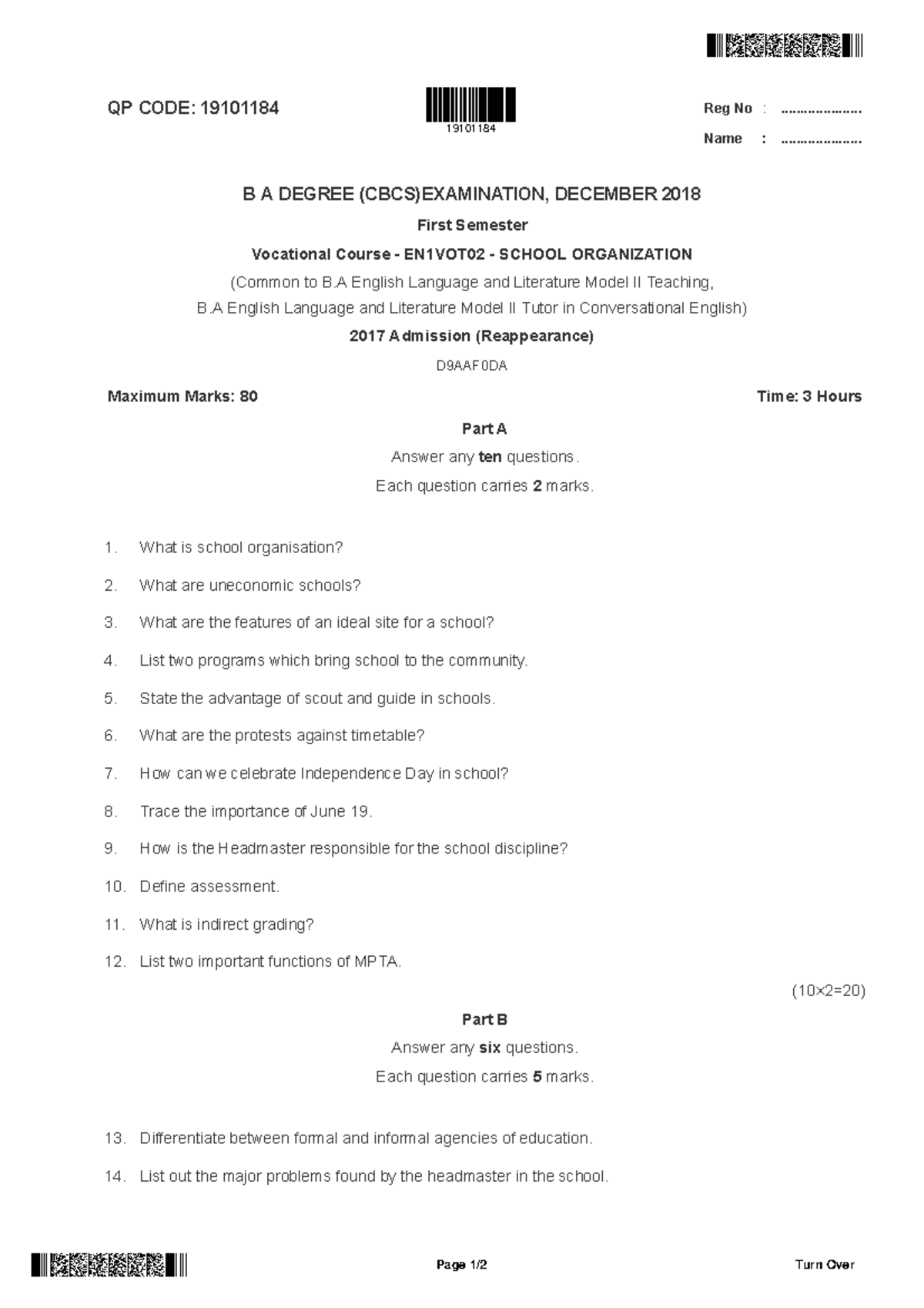 BA Eng School organization - QP CODE: 19101184 Reg No : ..................... Name : - Studocu