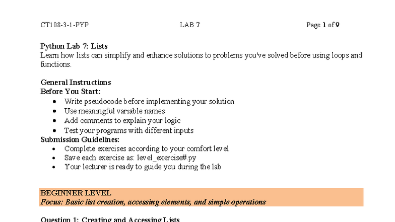 Python LAB 7: Lists - Lecture Materials and Exercises - Studocu
