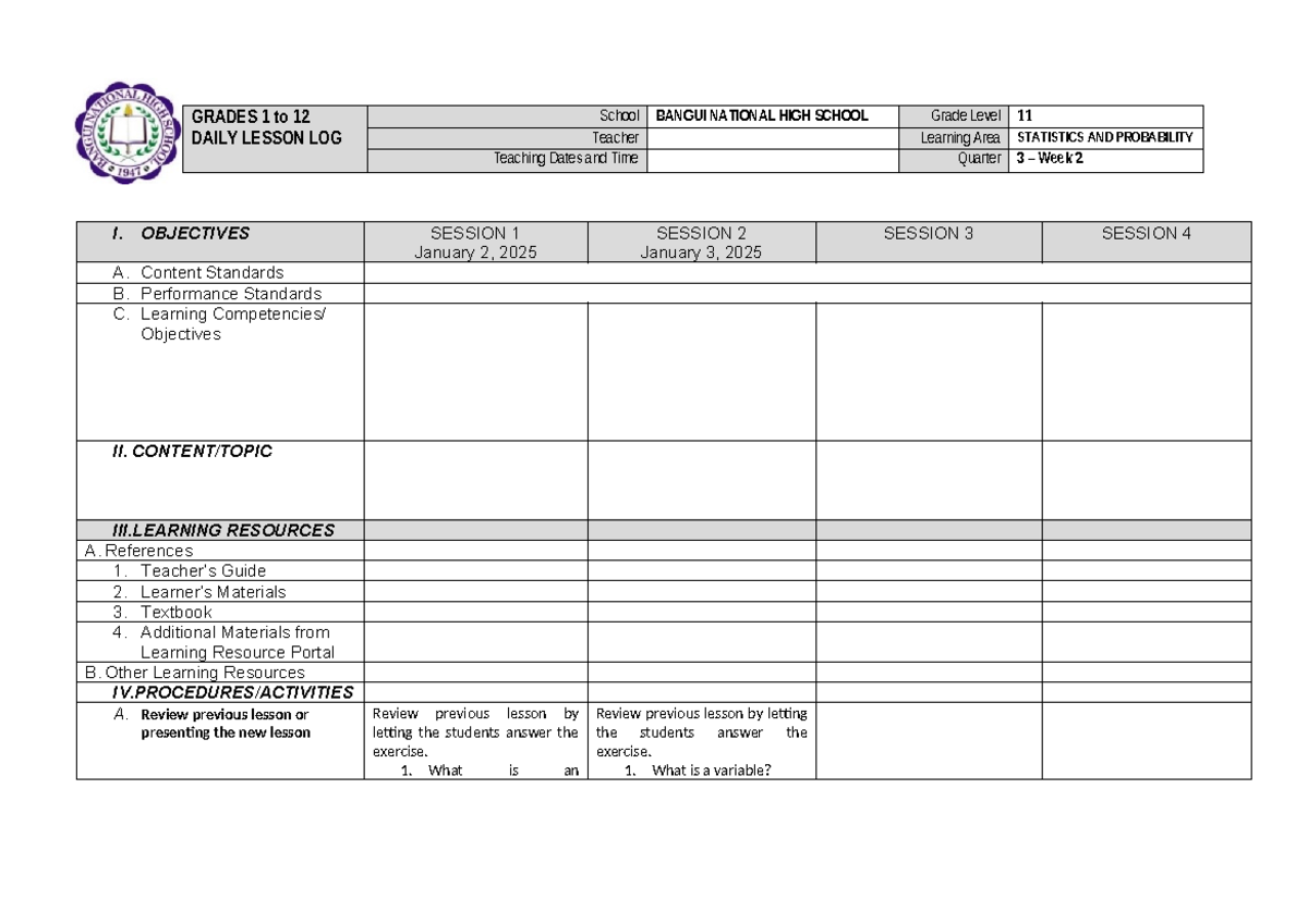 Statistics and Probability Lesson Plan for Q3 Week 2 - Studocu