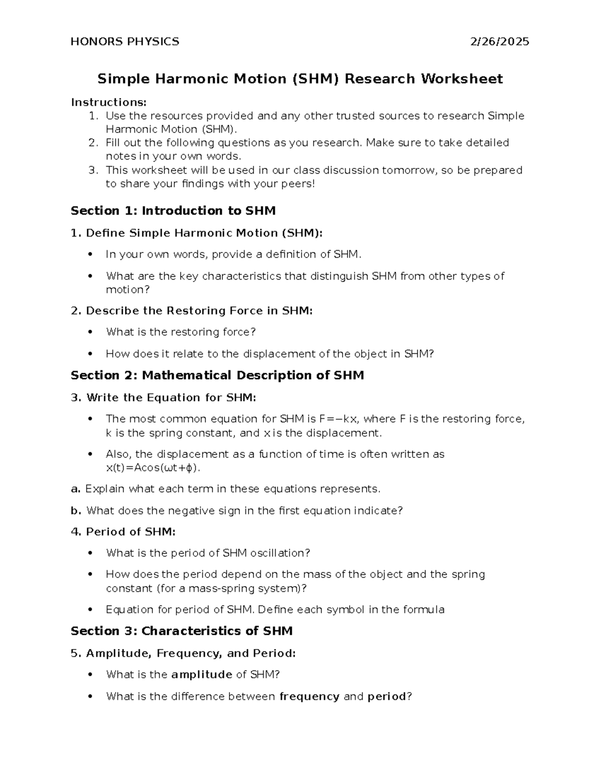 SHM-Worksheet - SHM Worksheet practice - HONORS PHYSICS 2/26/ Simple ...