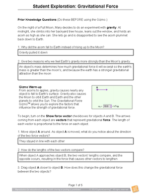 Copy of Gravity and Orbits - Student Exploration Sheet Pre-lab Explain ...